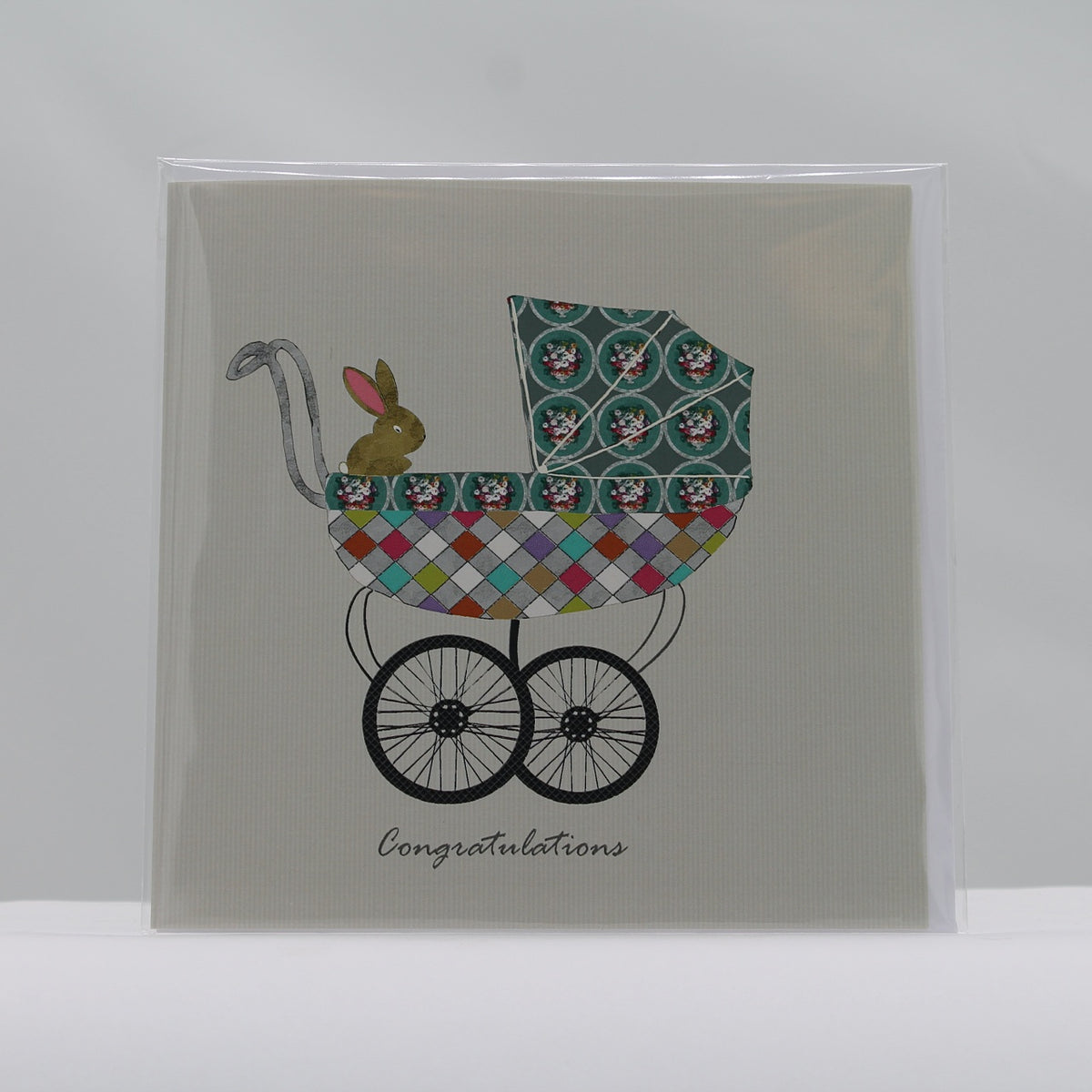 Bunny pram - congratulations card – Raindrops on Roses - St Albans